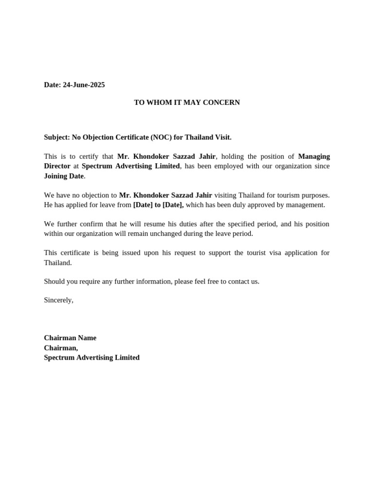 NOC for Thailand Visa - Spectrum Ltd. | PDF