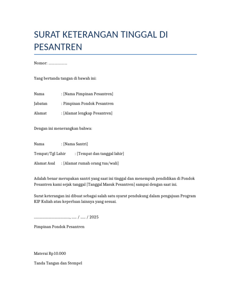 Surat Keterangan Tinggal Di Pesantren | PDF