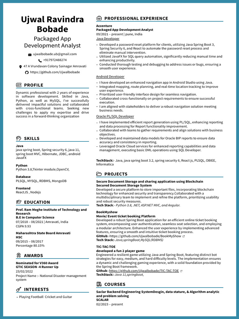 Ujwal Ravindra Bobade Resume 20240306 | PDF | Java (Programming Language) | My Sql