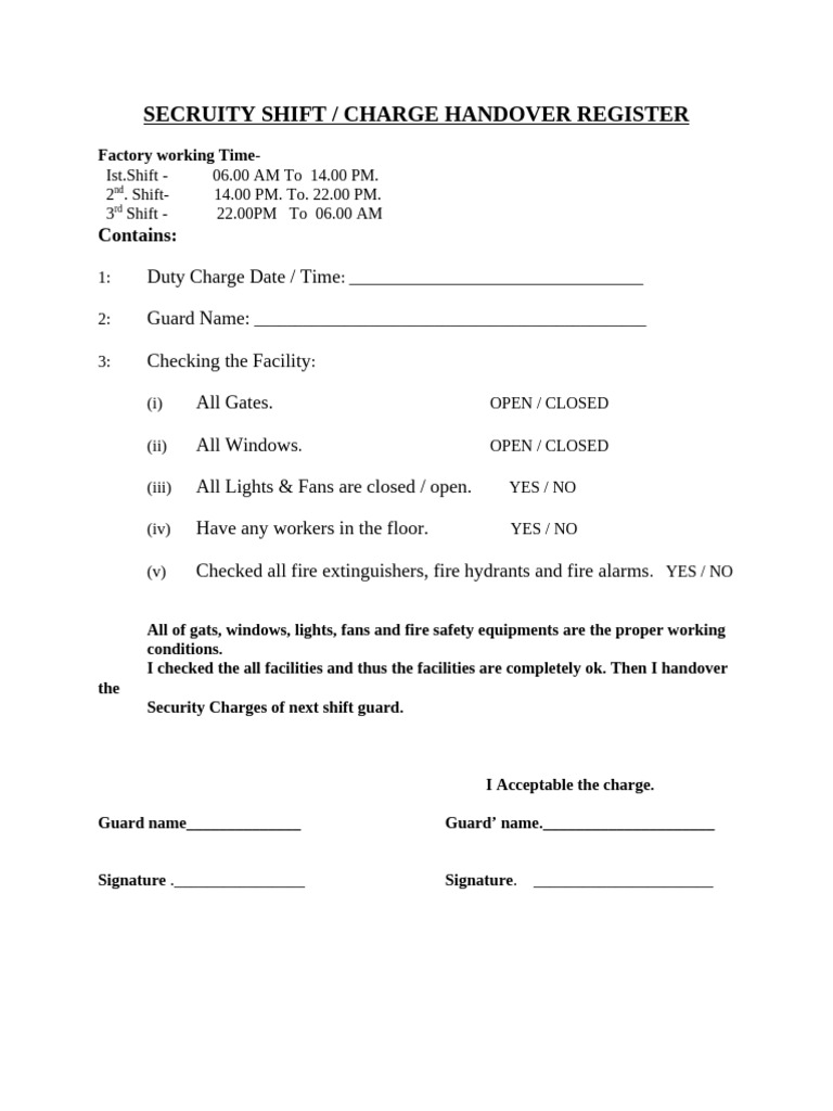Secruity Shift Handover Register | PDF