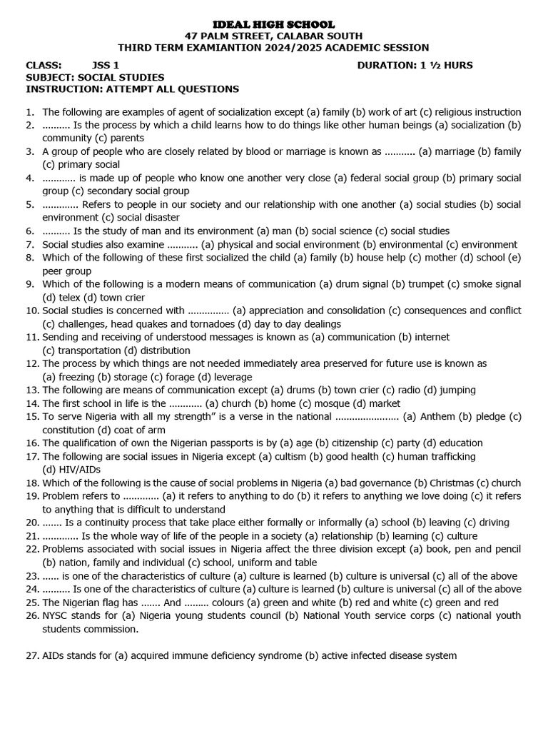 Social Studies Exam for JSS 1 & 2 | PDF | Marriage | Virus