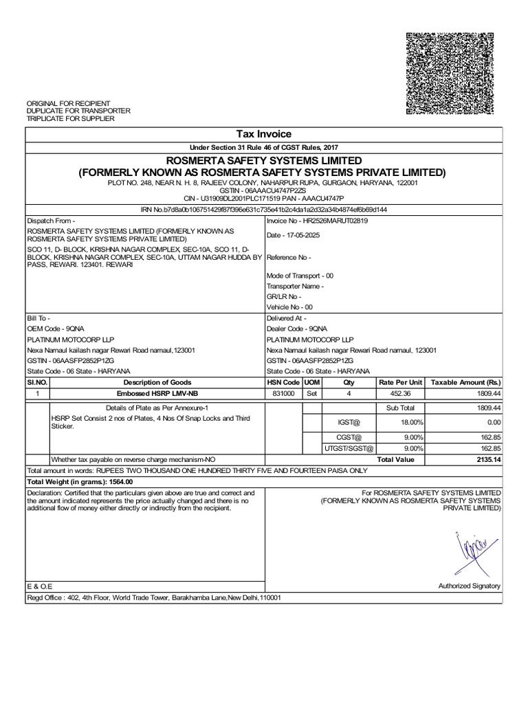 HSRP Inv 10 82654 Hr2526marut02819 | PDF | Taxation | Payments