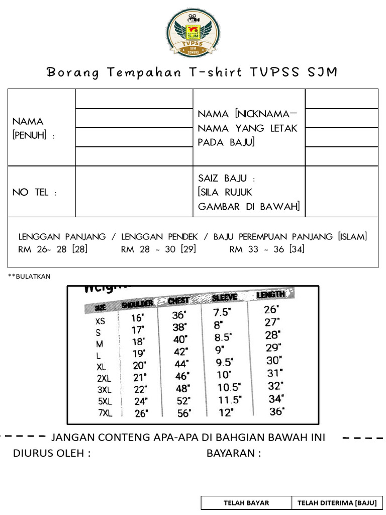 Borang Tempahan Baju Tvpss | PDF