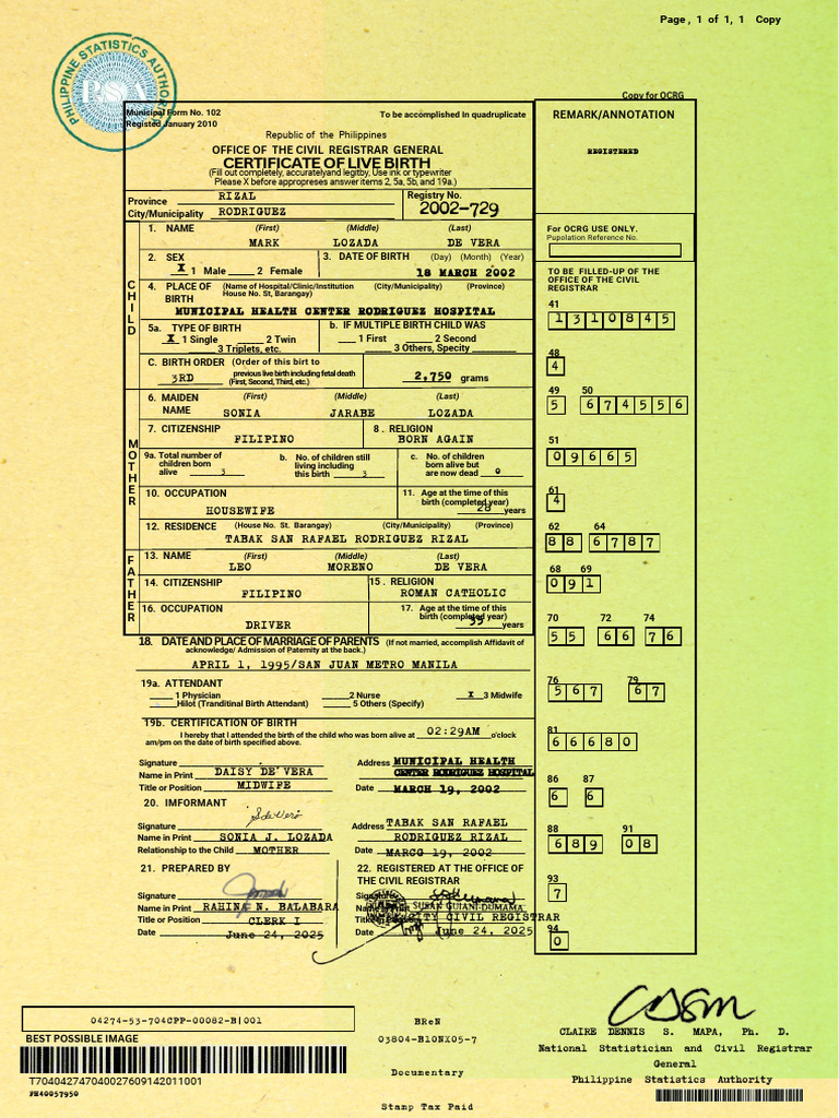 Certificate of Live Birth Form | PDF | Social Institutions