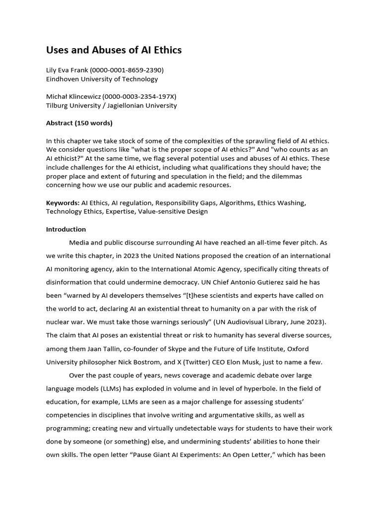 Uses and Abuses of AI Ethics: Abstract (150 Words) | PDF | Artificial ...