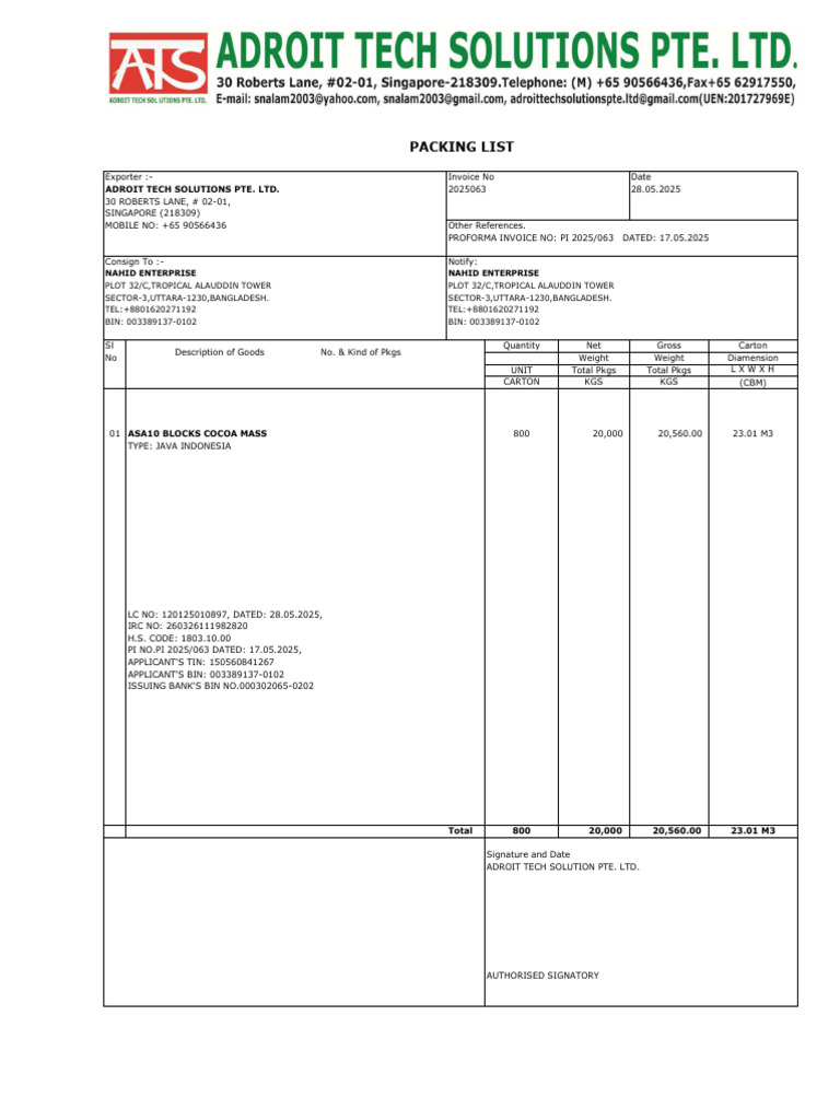 Nahid Enterprise. - Packing List For ASA10 BLOCKS COCOA MASS - 28.05. ...