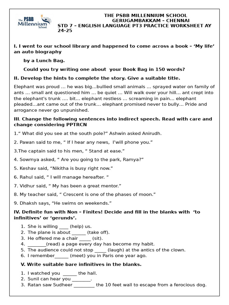 STD 7 Pt3 English Language Practice Worksheet | PDF