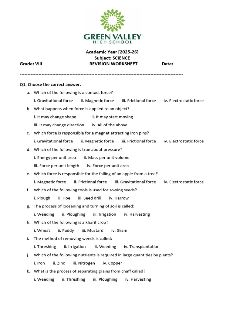 Revision (PT-1) WORKSHEET Grade 8 | PDF | Force | Soil