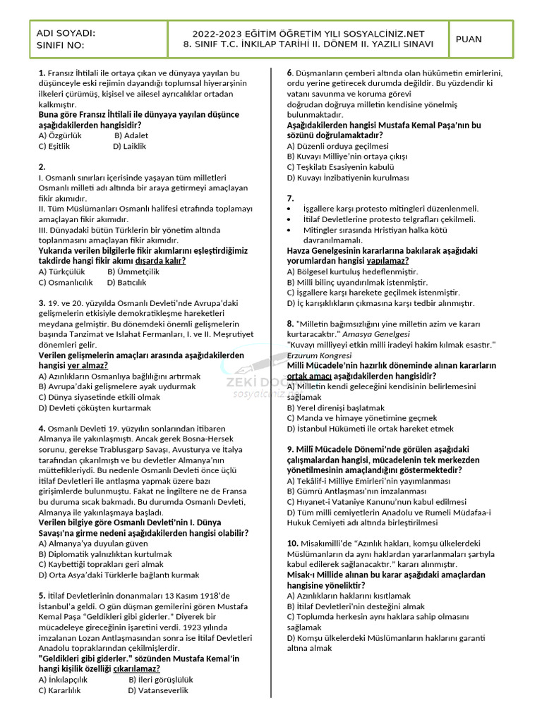 Sinif T. C. Inkilap Tarihi 2. Donem 2. Yazili Sinavi 2 | PDF