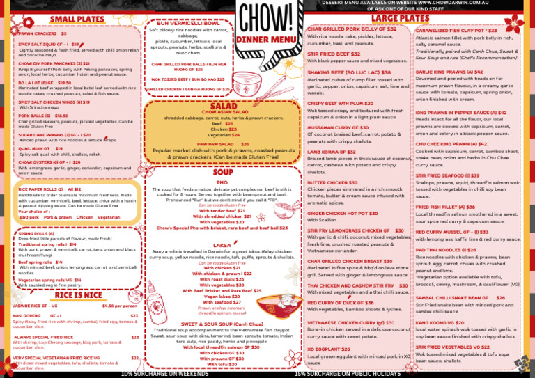 A2 Menu Highlights at Chow Darwin | PDF | Curry | Vietnamese Cuisine