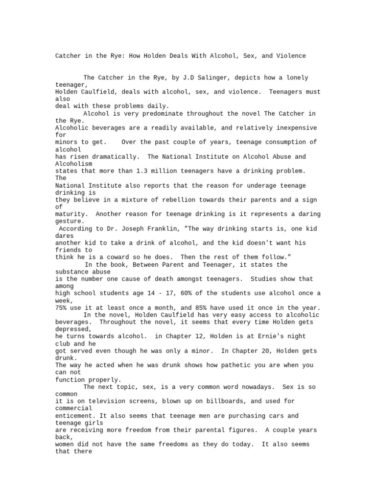 Catcher in The Rye - How Holden Deals With Alcohol, Sex, and Violence | PDF