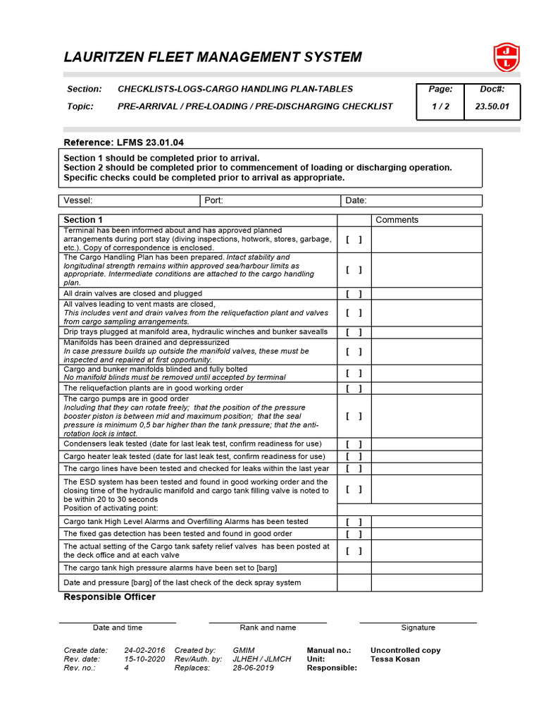 Pre-Arrival Cargo Handling Checklist | PDF | Valve | Leak