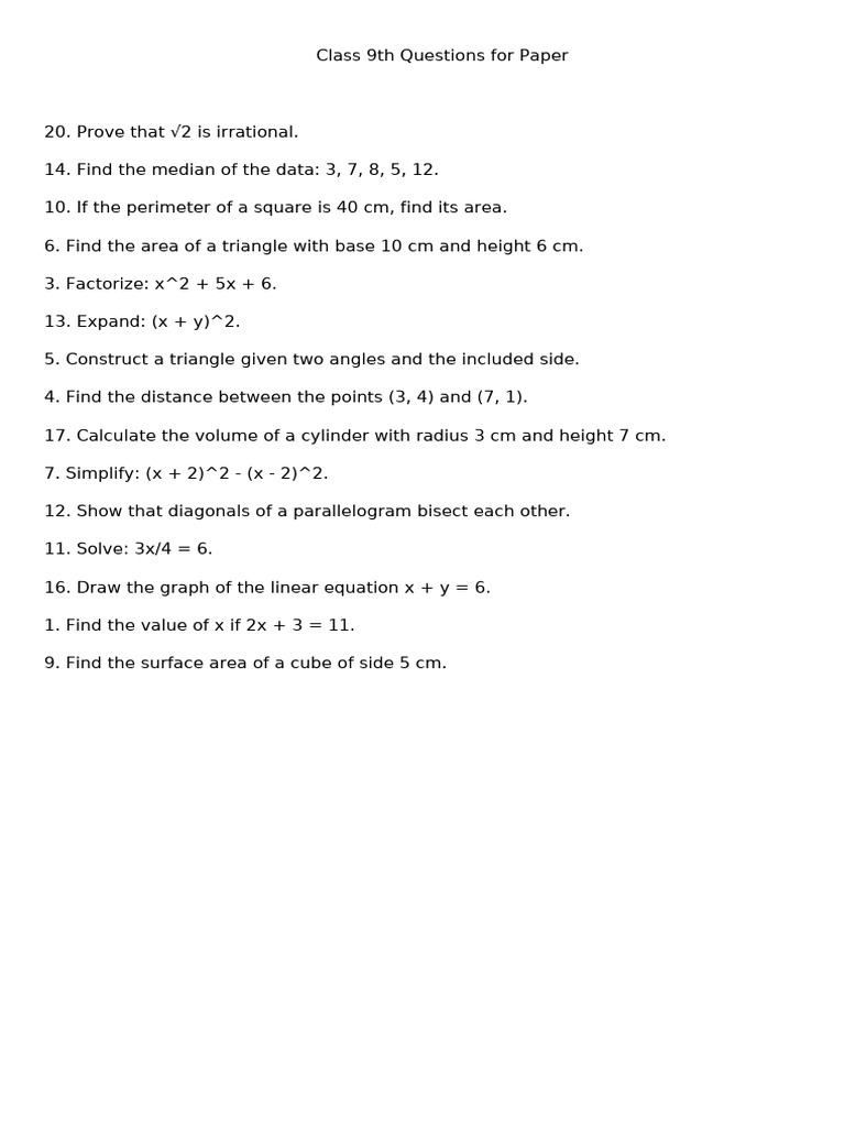 Class 9th Questions For Paper | PDF