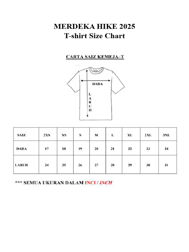 Merdeka Hike 2025 T-Shirt Size Chart | PDF