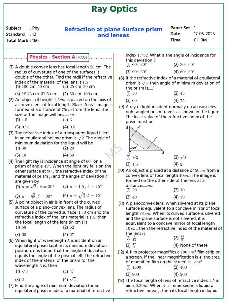 Refraction at Plane Surface Prism and Lenses 1747477385 | PDF | Refraction | Optics