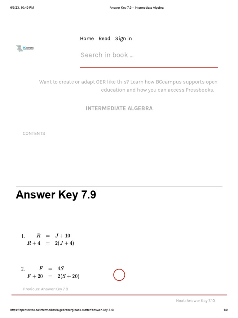Answer Key 7.9 - Intermediate Algebra | PDF | Chess Theory | Chess