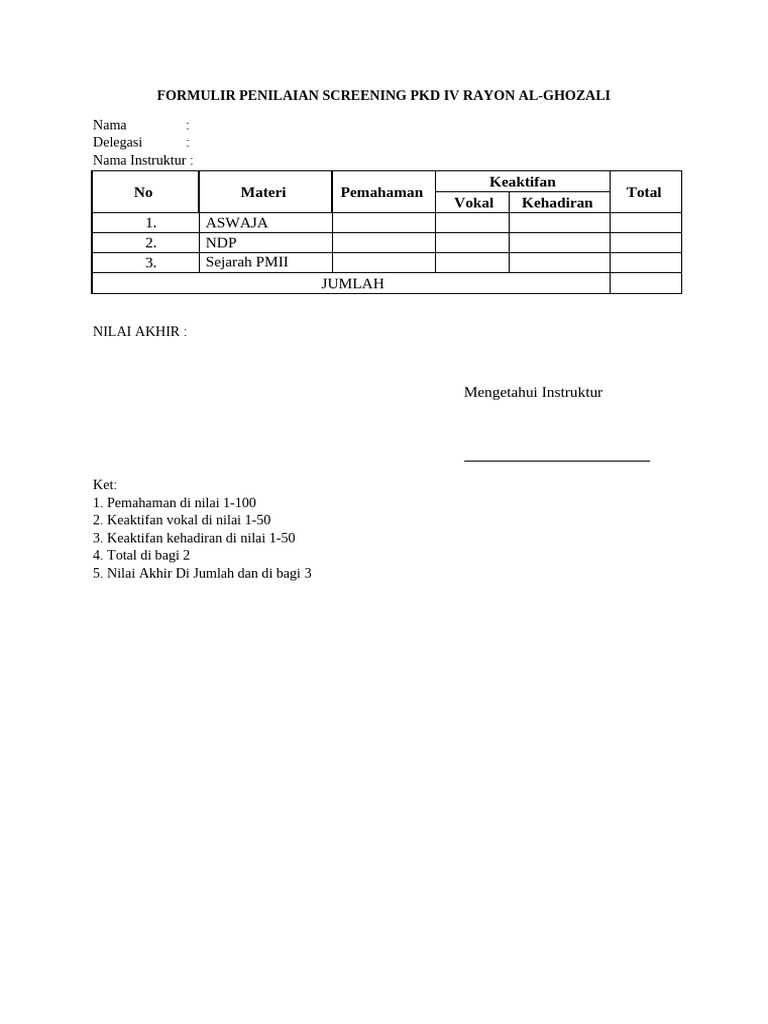 Penilaian Screening PKD PMII Al-Ghozali | PDF