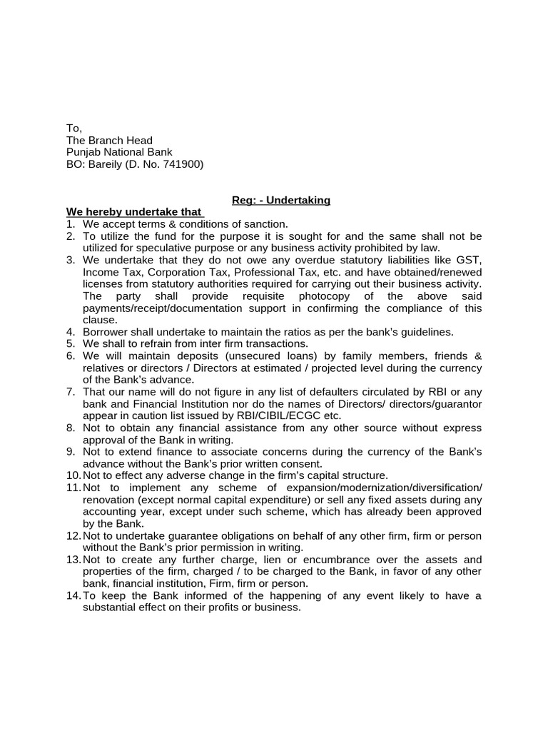 Undertaking On Letter Head Reva Ttrading | PDF | Banks | Loans