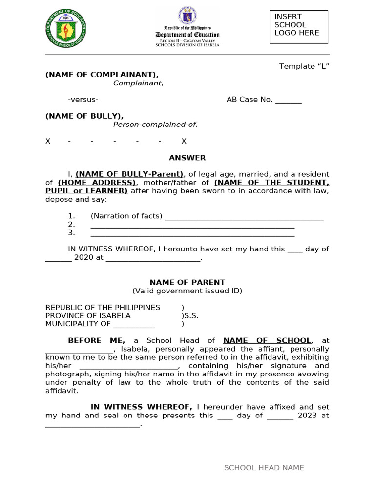 Bullying Complaint Answer Template | PDF