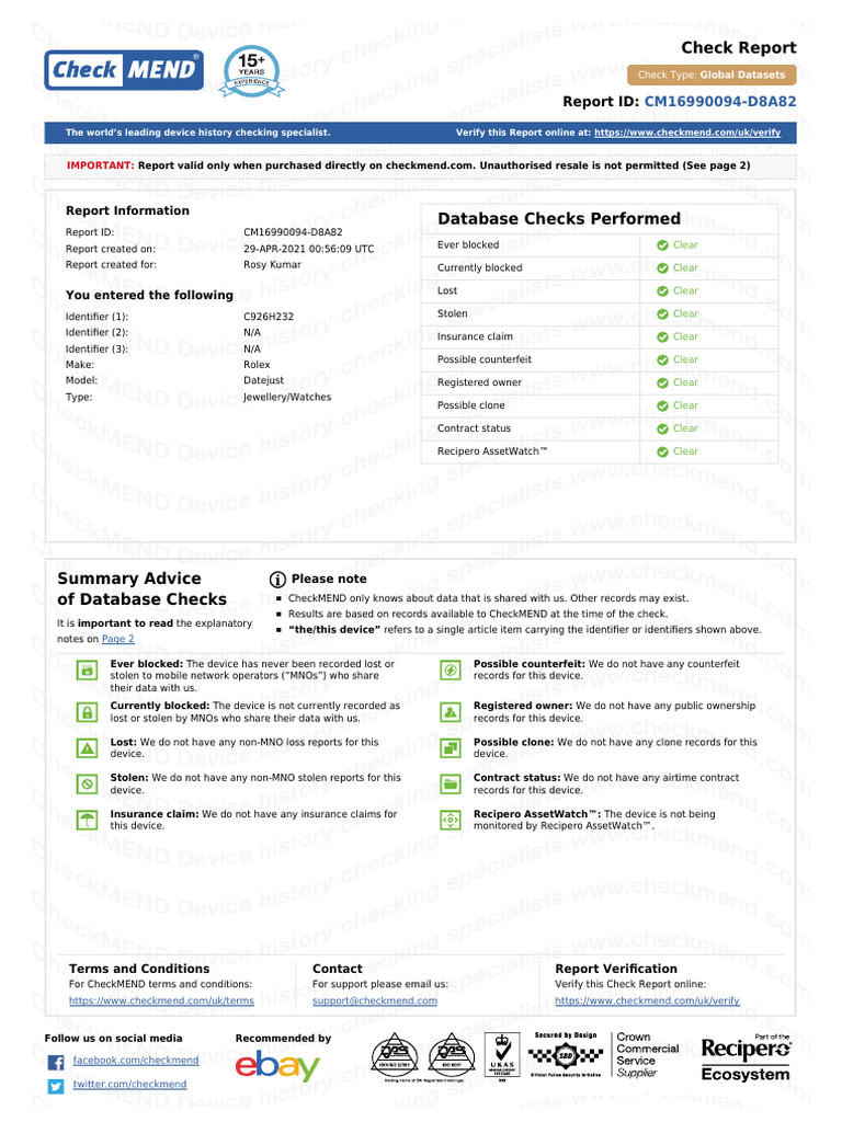 Checkmend Uk Cm16990094-D8a82 | PDF