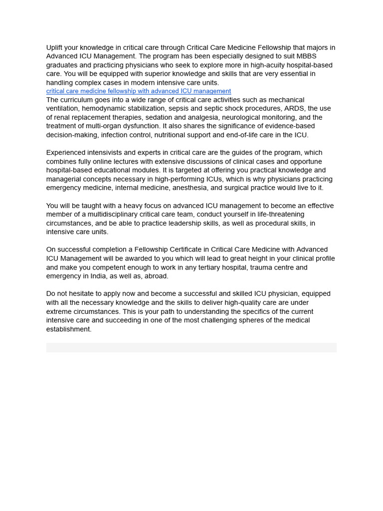 Critical Care Fellowship in ICU Management | PDF