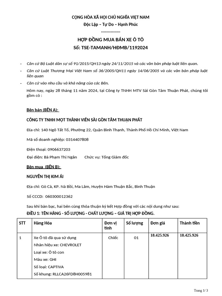 Hop Dong Mua Ban Xe Fadin | PDF