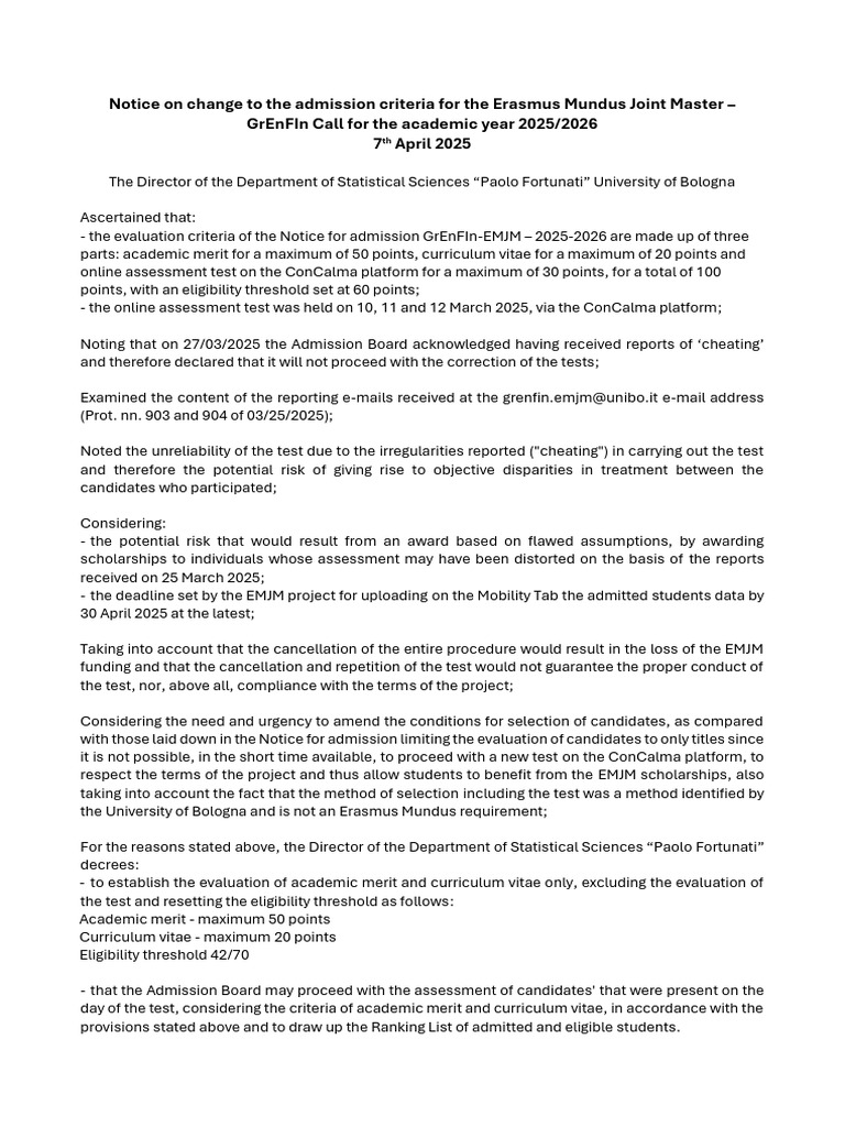 Notice Change Admission Criteria GrEnFIn EMJM April7 2025 | PDF