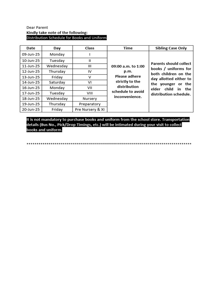 Book and Uniform Distribution Schedule | PDF