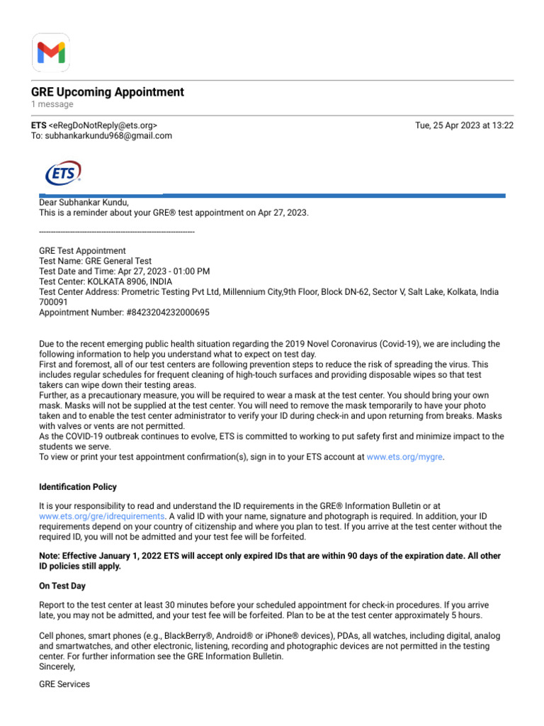 Gmail - GRE Upcoming Appointment | PDF