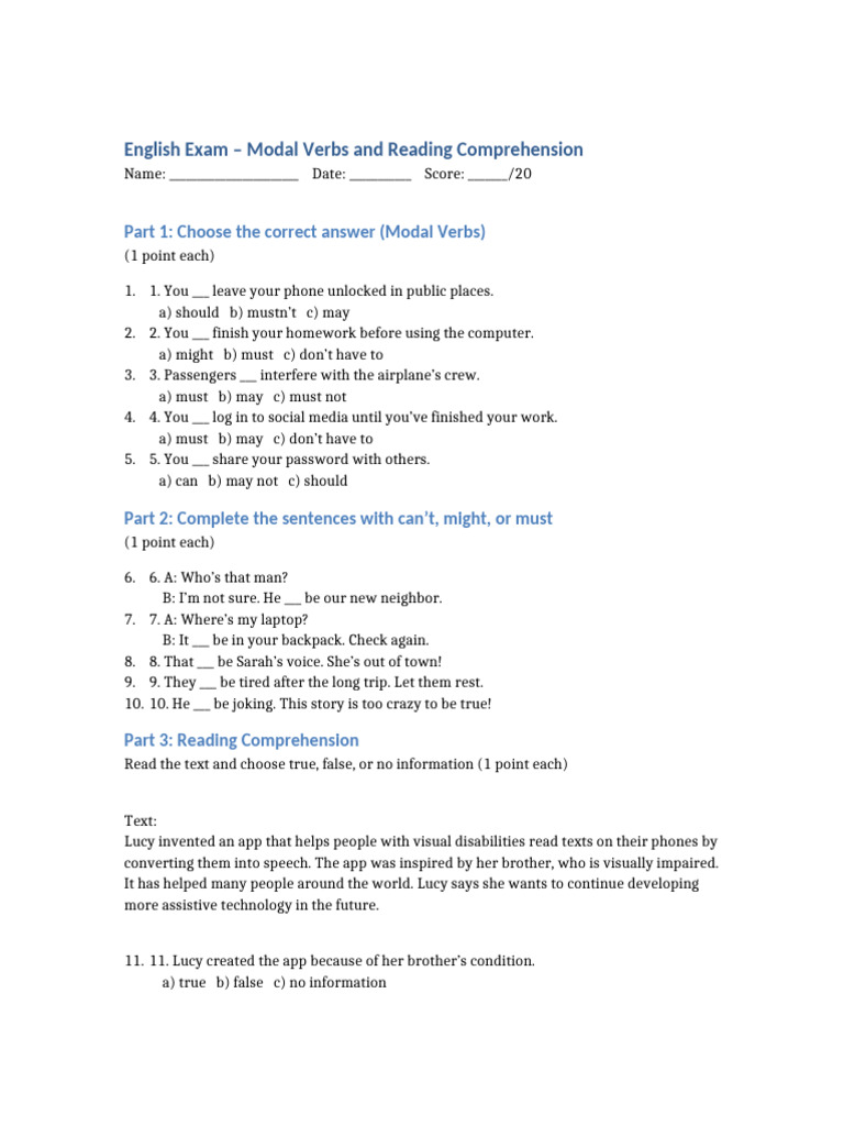 English Exam: Modal Verbs & Comprehension | PDF