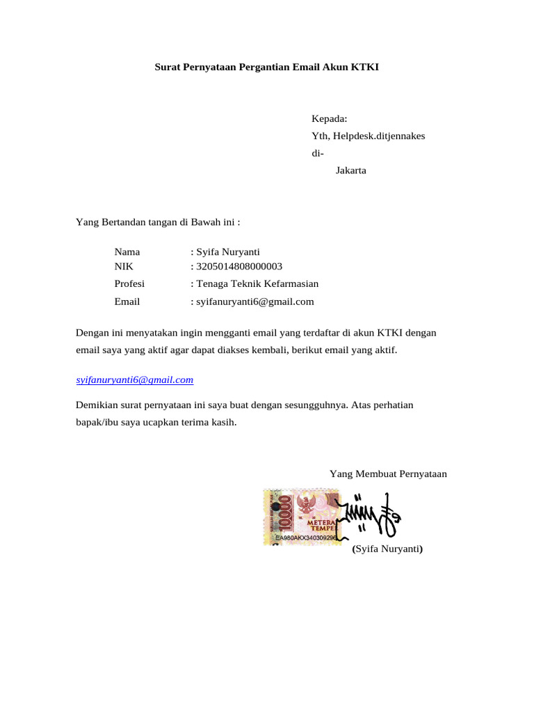 Surat Pernyataan Ganti Email KTKI | PDF