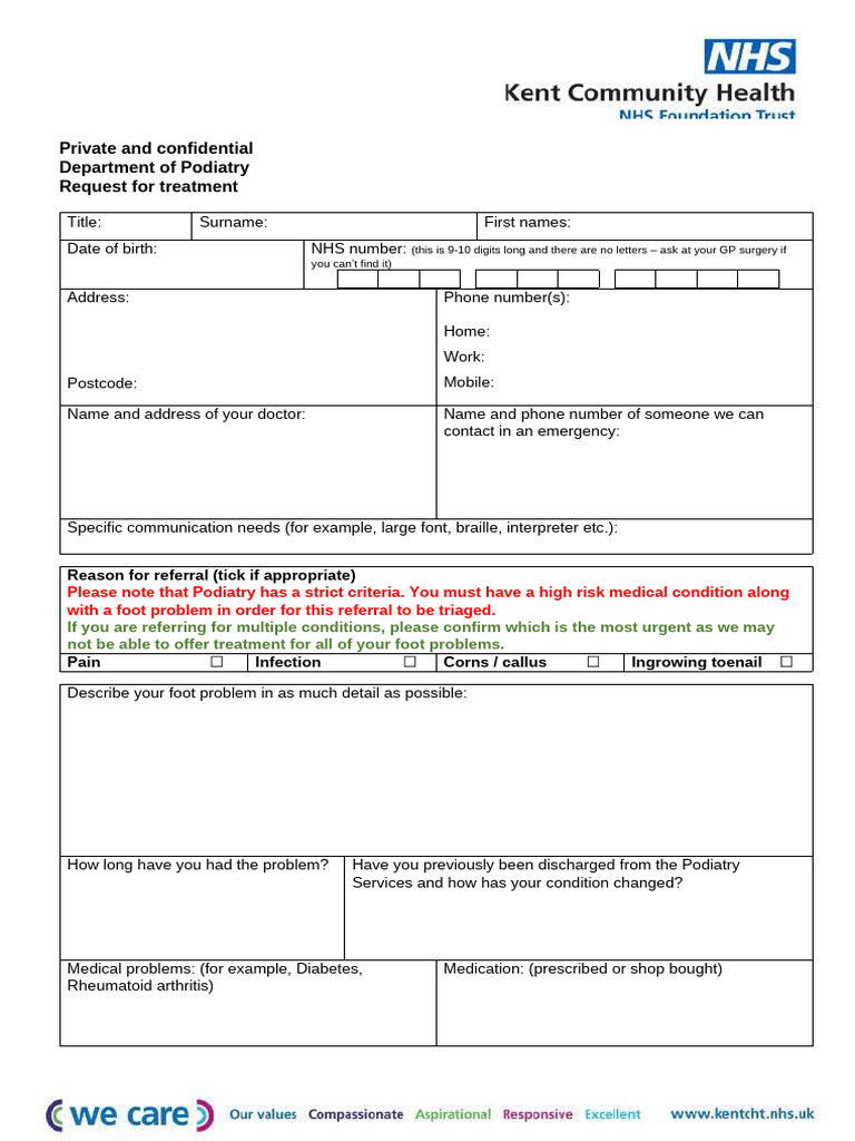 Podiatry Self Referral Form | PDF | Health Care