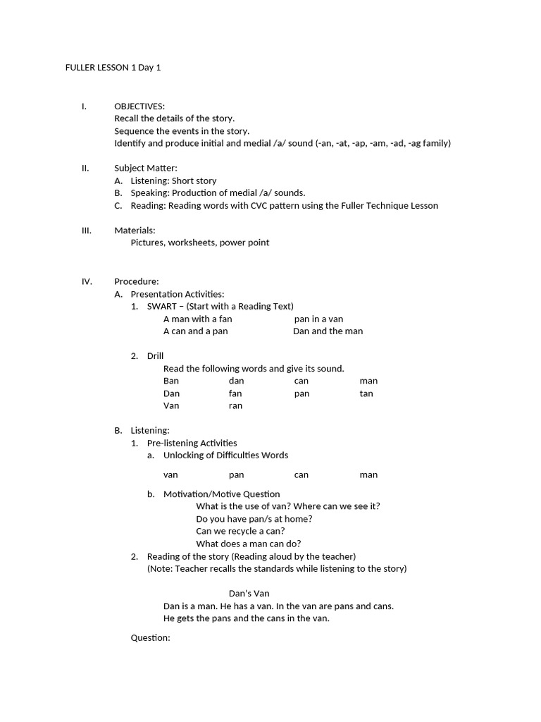 FULLER-LESSON-1-Day-1 Medial /a/ Sound | PDF | Learning | Human ...
