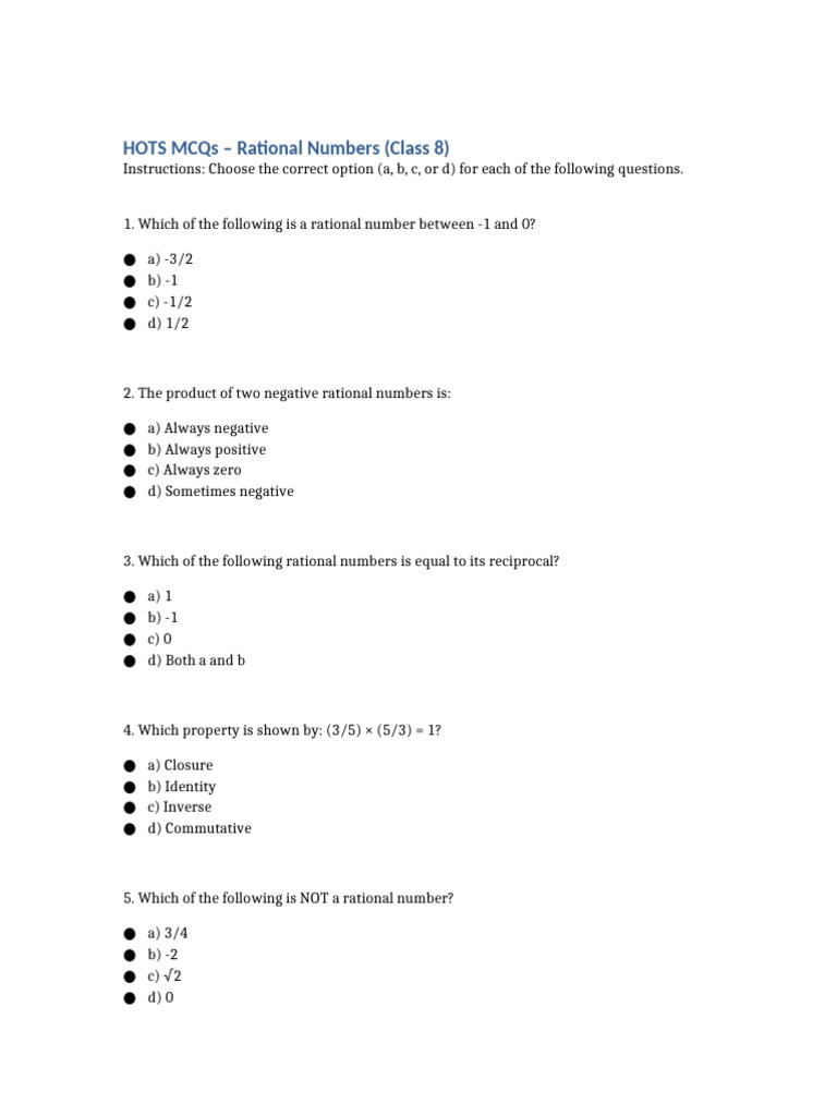 HOTS MCQs Rational Numbers Class8 | PDF