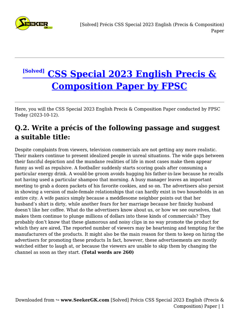 (Solved) Précis CSS Special 2023 English (Precis & Composition) Paper | PDF