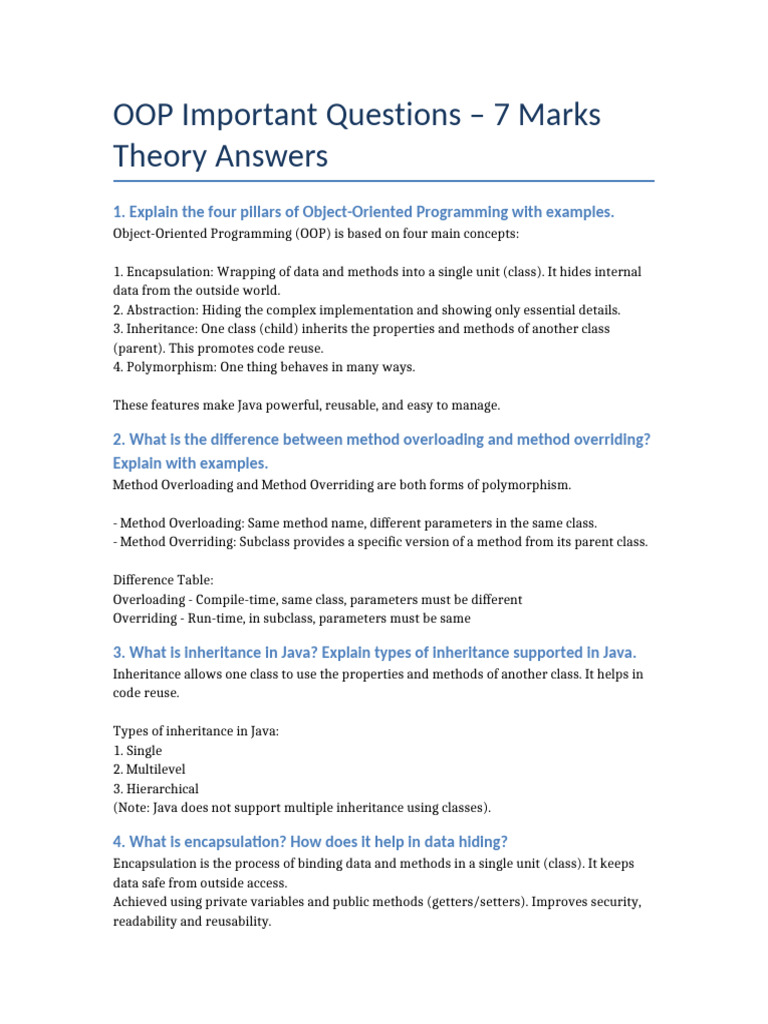 OOP 7 Marks Theory Questions | PDF | Method (Computer Programming) | Class (Computer Programming)