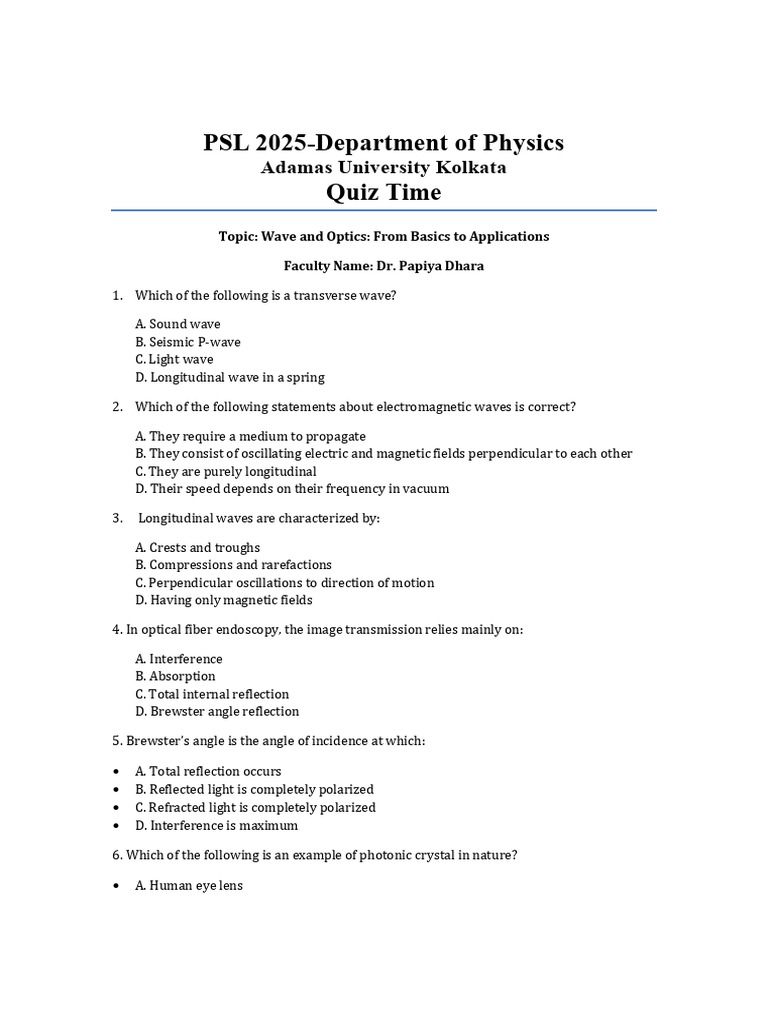 MCQs Electromagnetic Waves Photonics Final | PDF | Laser | Waves