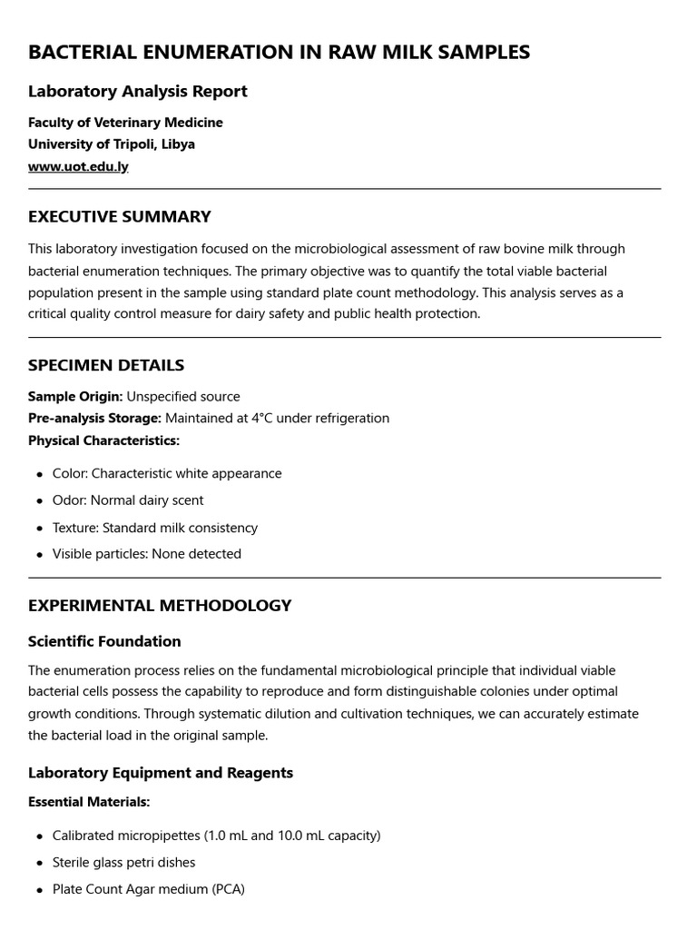 Bacterial Enumeration in Raw Milk - Laboratory Report | PDF | Colony Forming Unit