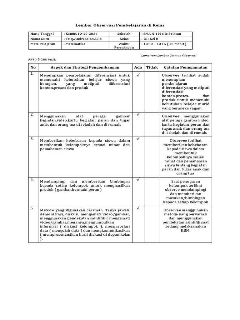 Lembar Observasi Pembelajaran Di Kelas Jadi | PDF