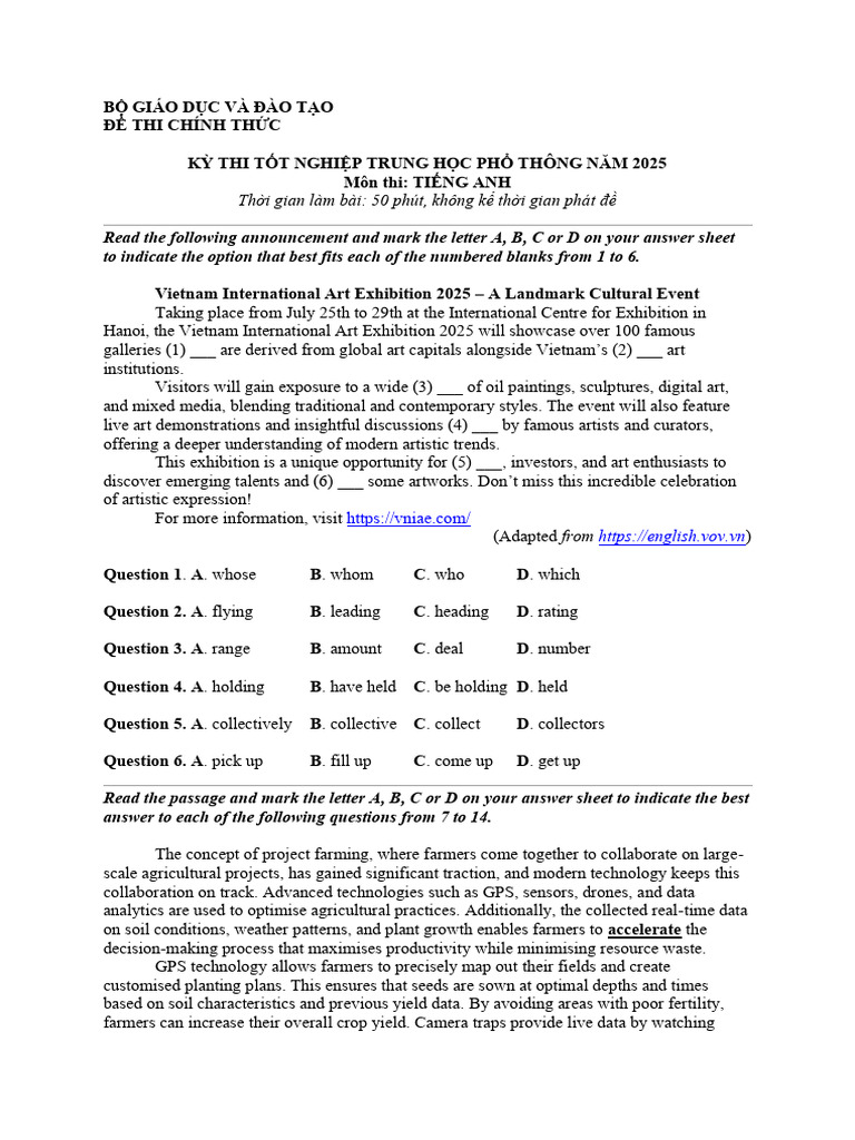 01.de Thi Tot Nghiep THPT 2025 Tieng Anh | PDF | Agriculture | Climate Change Mitigation