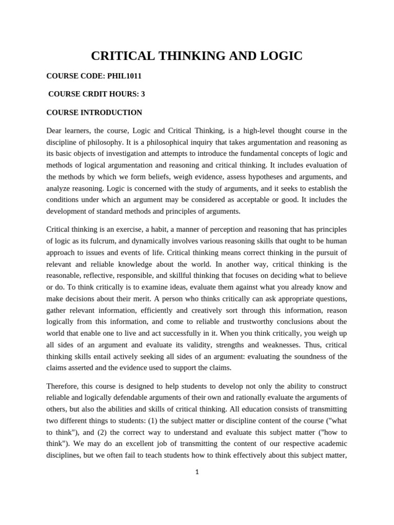 Critical Thinking and Logic Course Overview | PDF | Critical Thinking ...