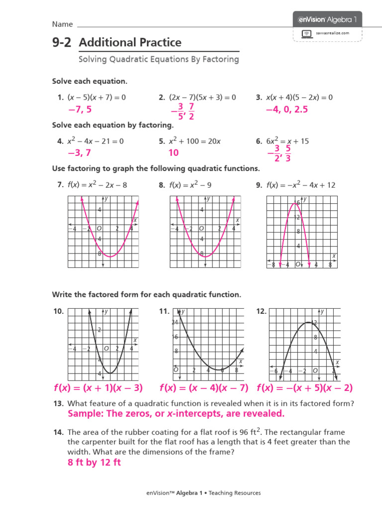 Additional Practice Answer Key | PDF | Quadratic Equation | Factorization