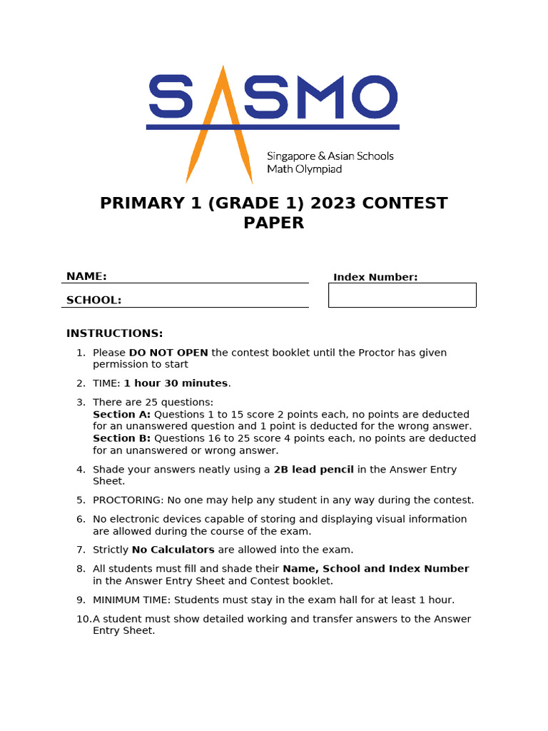 Primary 1 (Grade 1) 2023 Contest Paper: Name: School: Instructions | PDF
