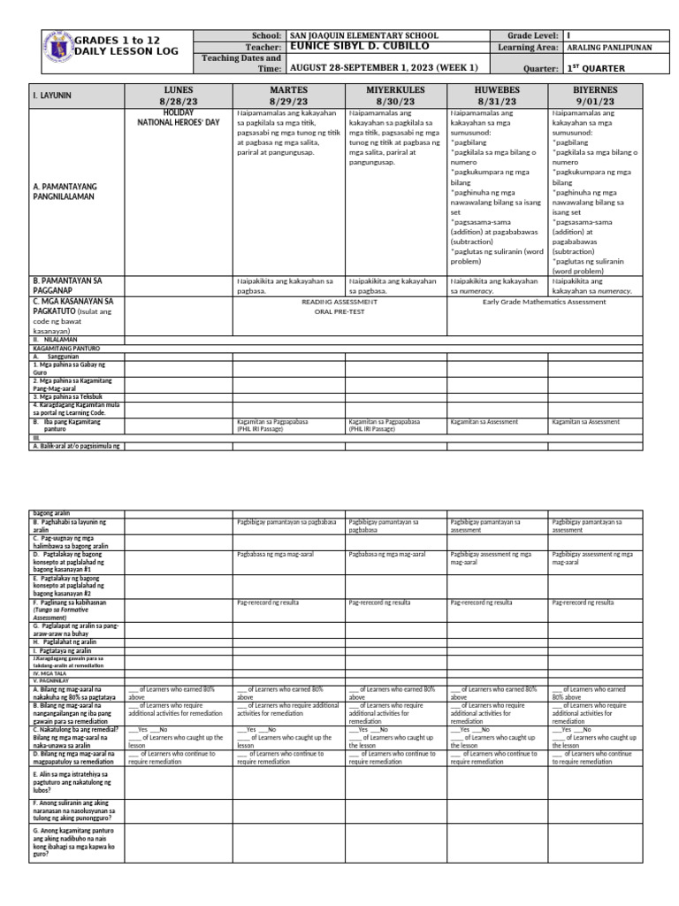 DLL Araling Panlipunan-1 q1 w1 | PDF