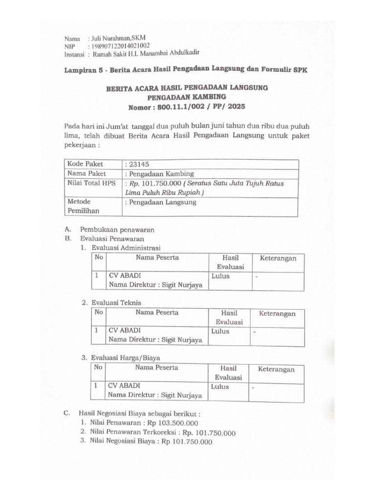 Juli- Lampiran 5- Form Berita Acara Hasil Pengadaan Langsung dan SPK Pengadaan Kambing | PDF