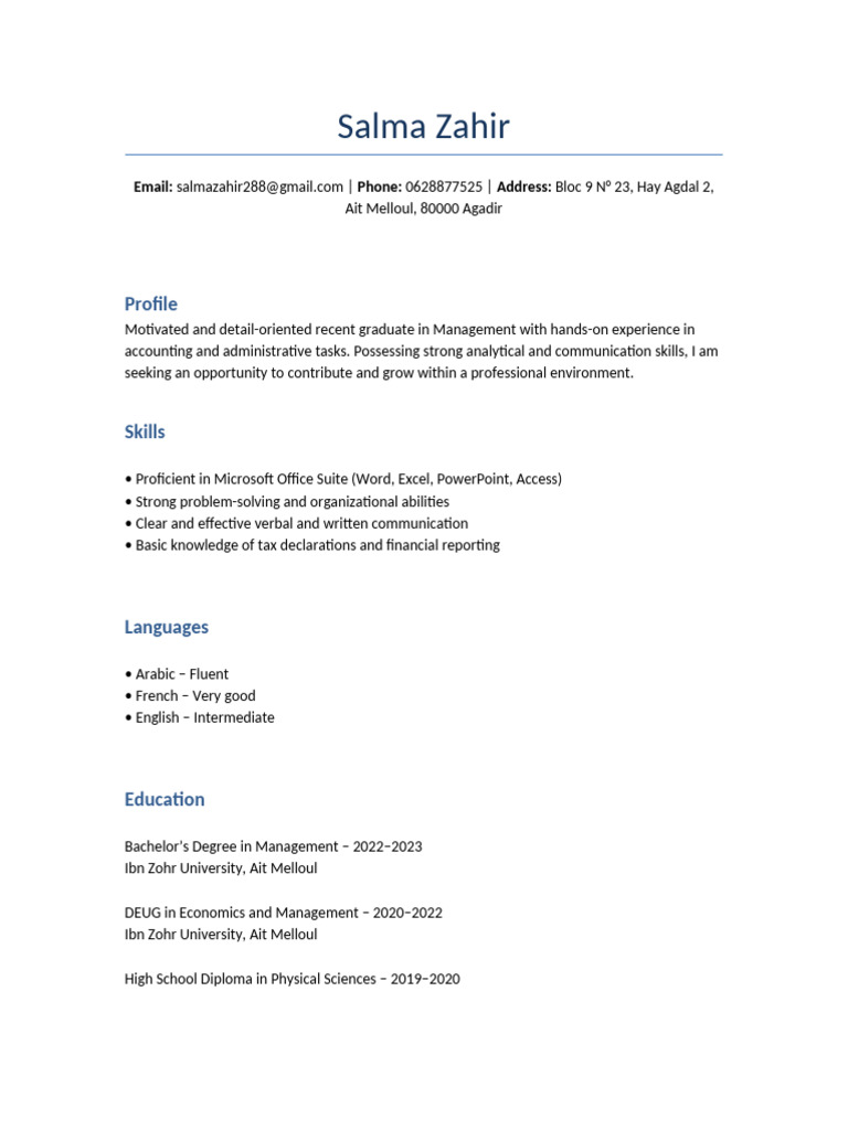 Salma Zahir Professional CV English | PDF