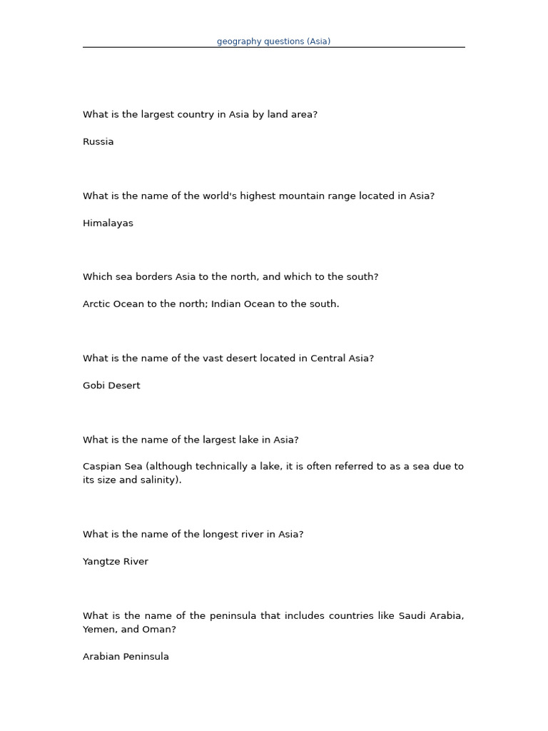 Key Geography Questions about Asia | PDF | Asia | South Asia