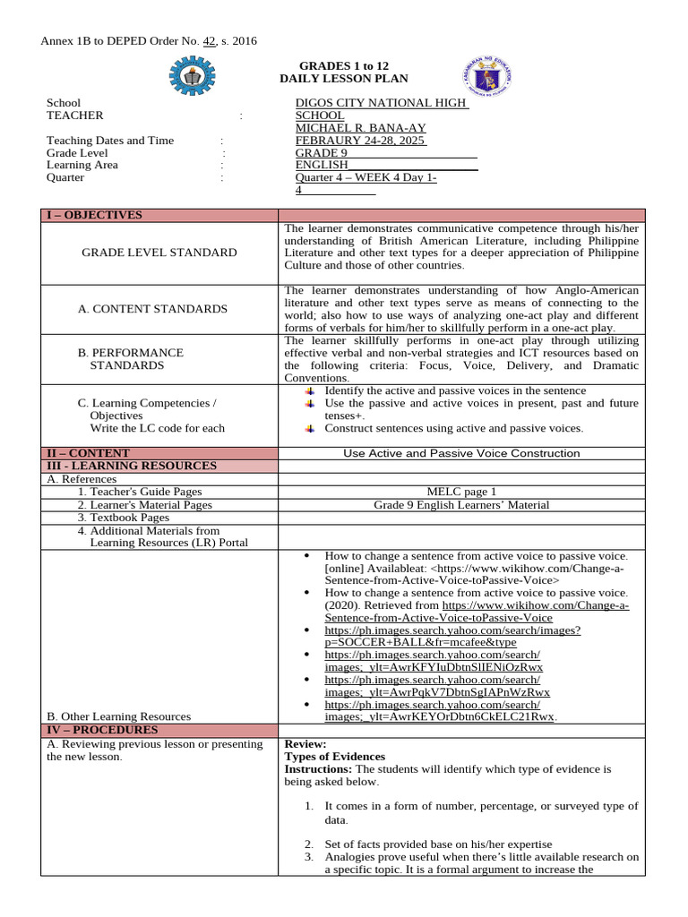 Grade 9 English Daily Lesson Plan | PDF | Subject (Grammar) | Learning