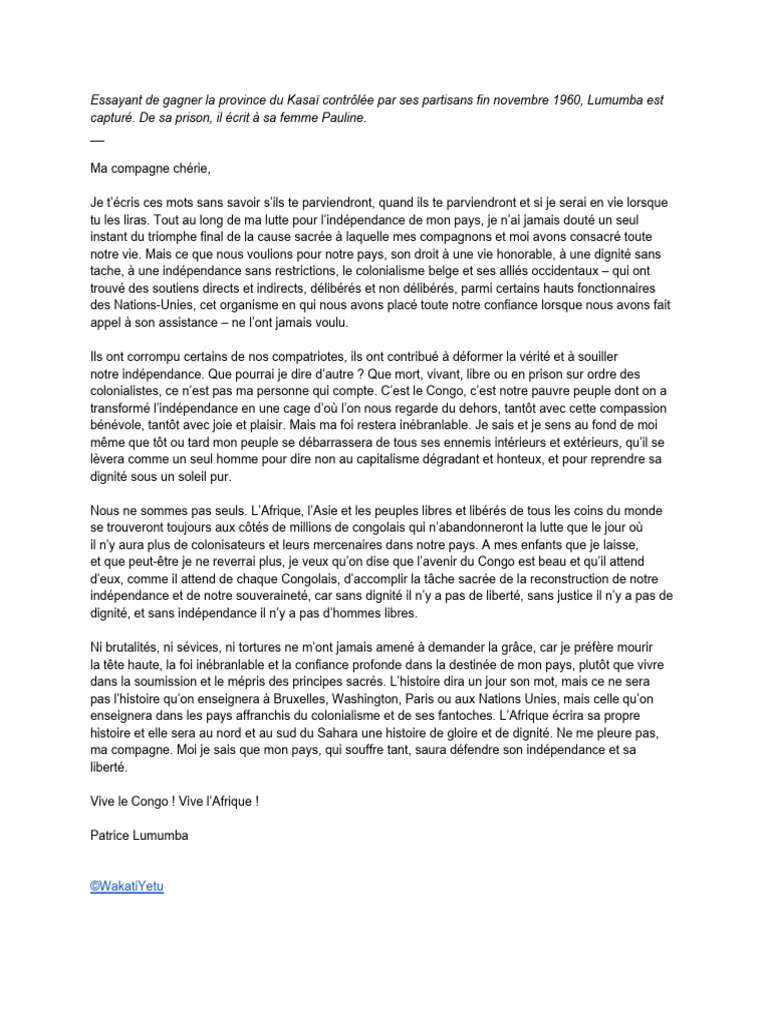 Lettre de Lumumba à Pauline en prison | PDF | Congo belge