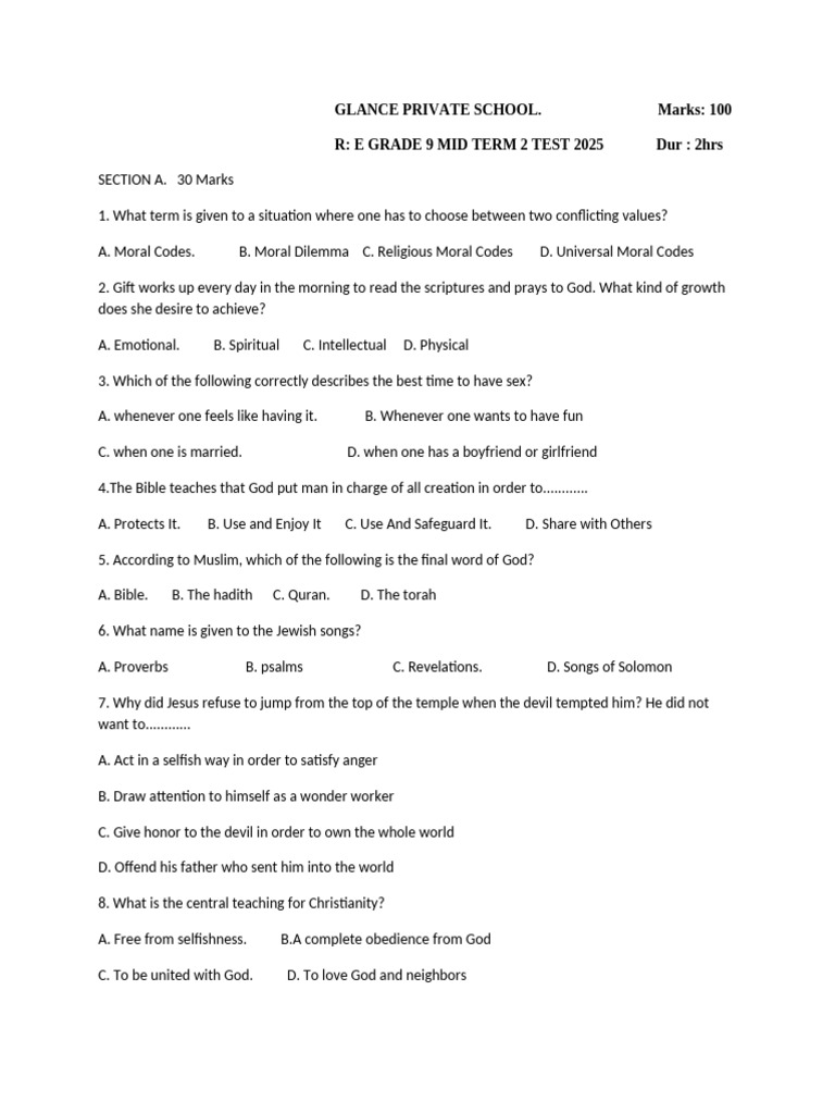 Grade 9 Religious Education Exam 2025 | PDF | Bible | Faith
